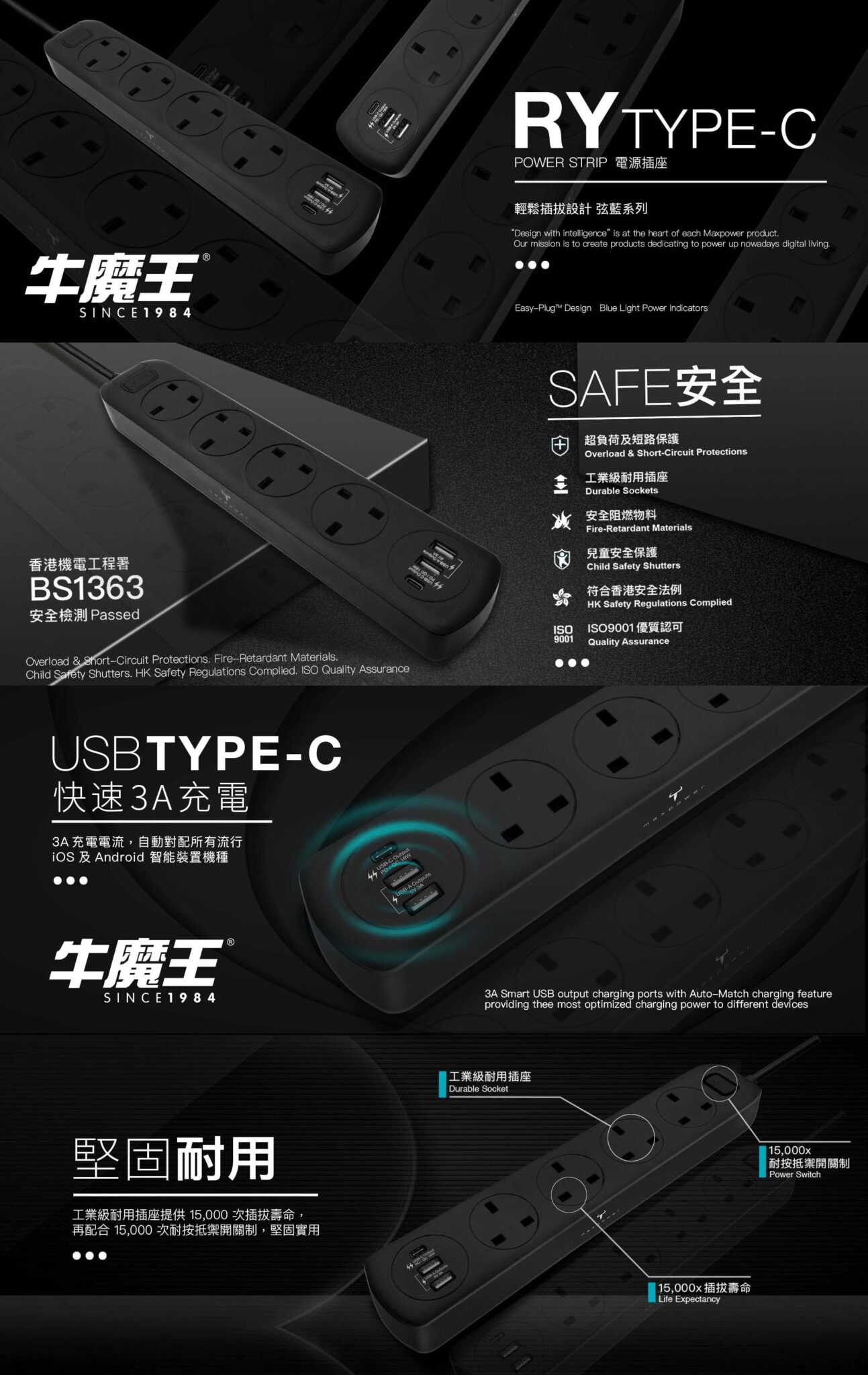 MaxPower RY40C Power Strip | 4-Socket + 1x USB-C + 2x USB-A | Black ...